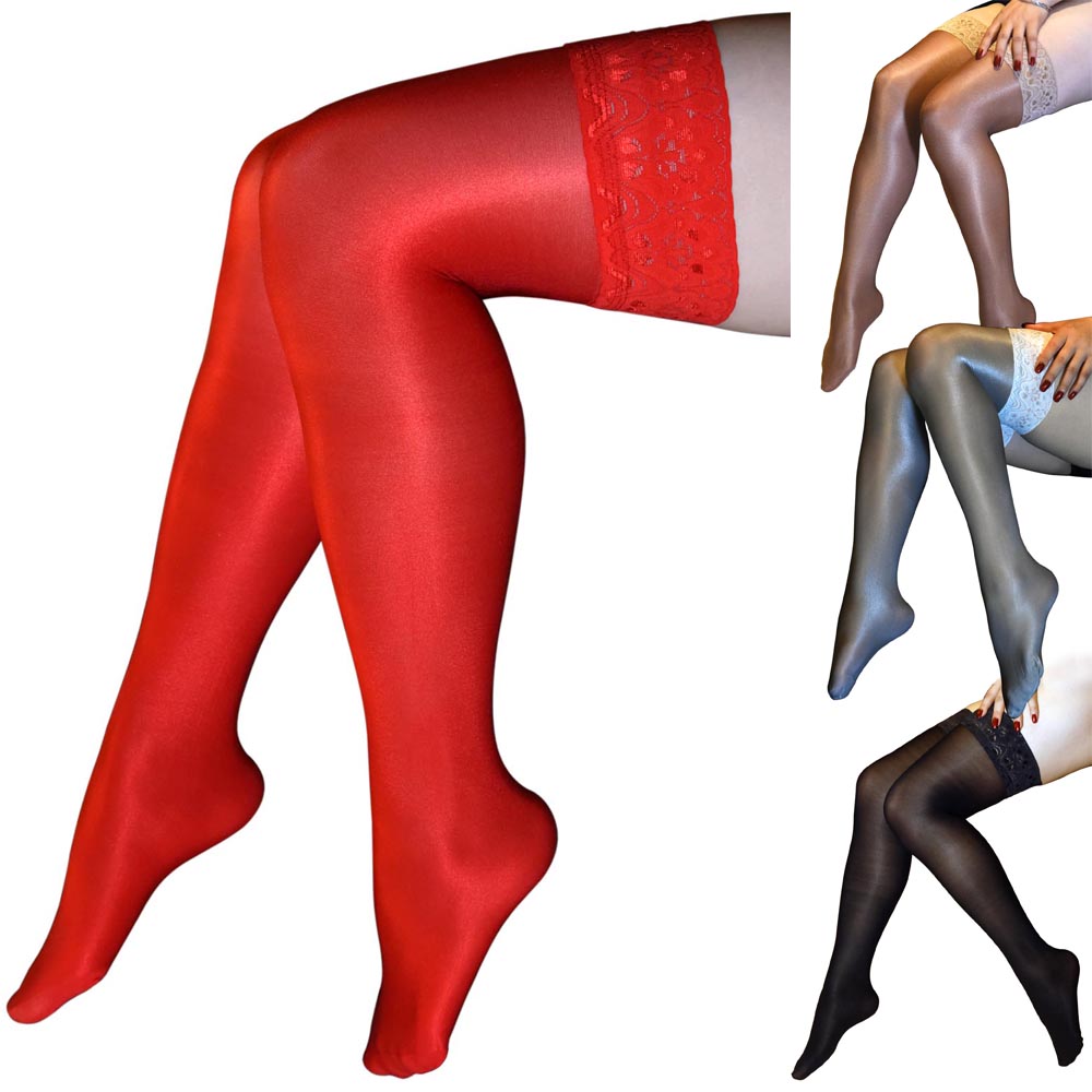 Womens Shiny Glossy Stretchy Thigh High Stockings Lace Silicone Stay
